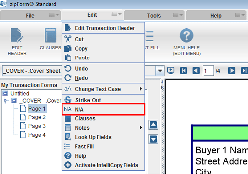 Use the N/A feature (zipForm Standard)