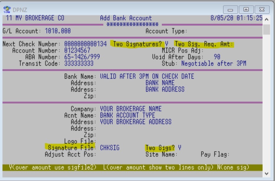 DPN – Adding Check Signatures to the Bank Account